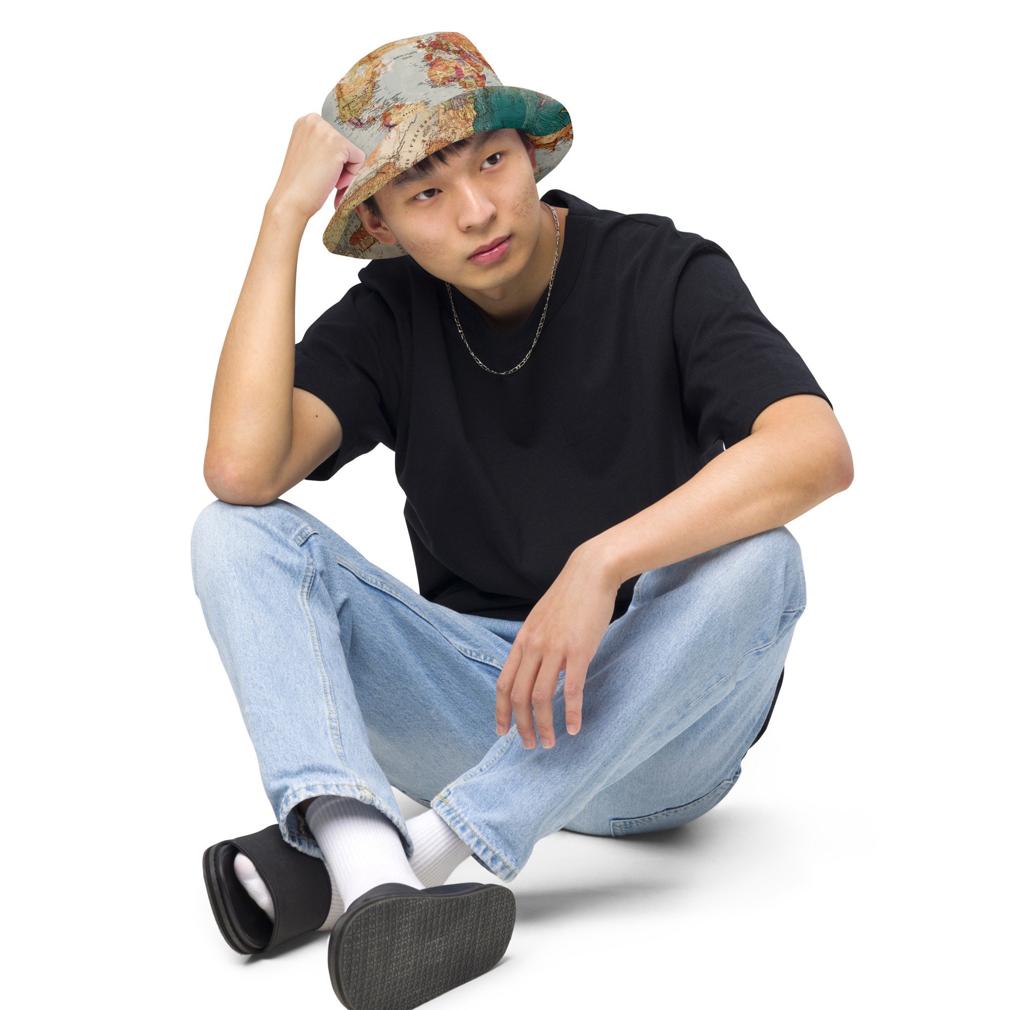 World Map Printed Bucket Hat, All Over Print Reversible Hat, World ...