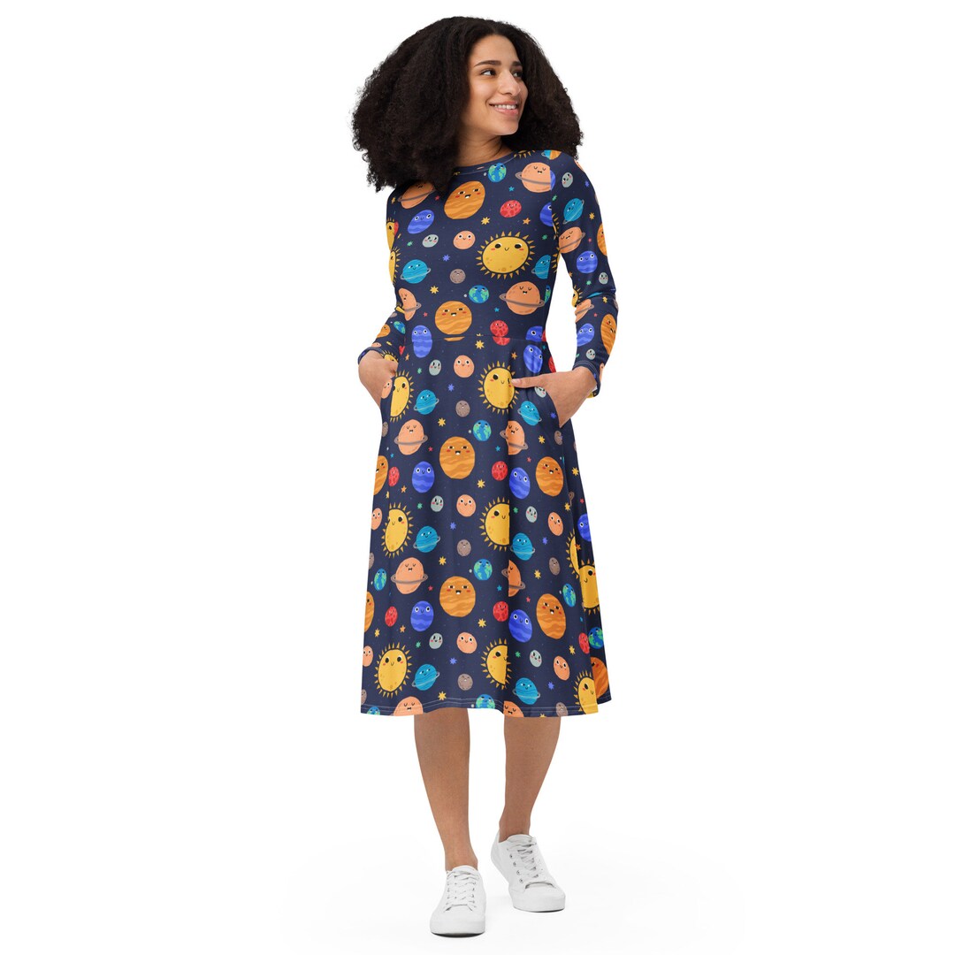Universe Planets Printed Midi Dress Women, Fall Summer Dress, Round ...