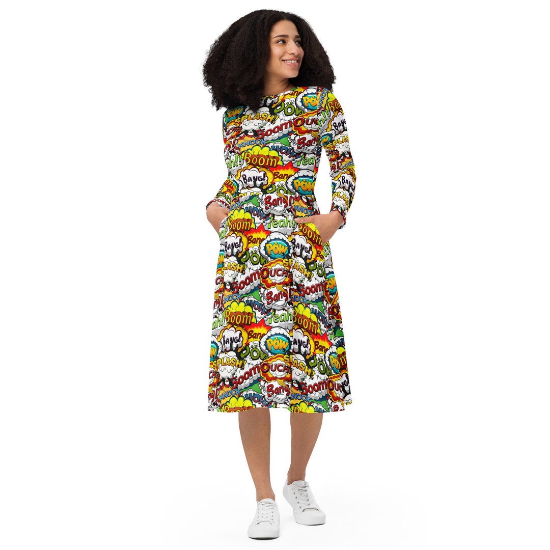 Comics Printed Dress, Comic Book Dress, Full Sleeves Dress With Pockets ...