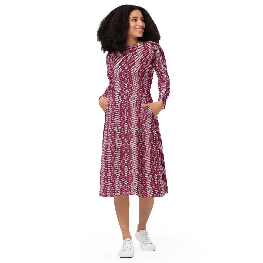 Snake Skin Print Midi Dress, Round Neck Prom Party Dress, Long Sleeve ...