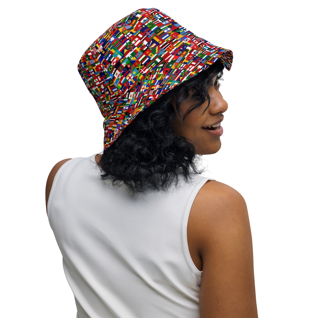World Flags Reversible Bucket Hat, Traveler Beach Hat, Trendy Summer ...