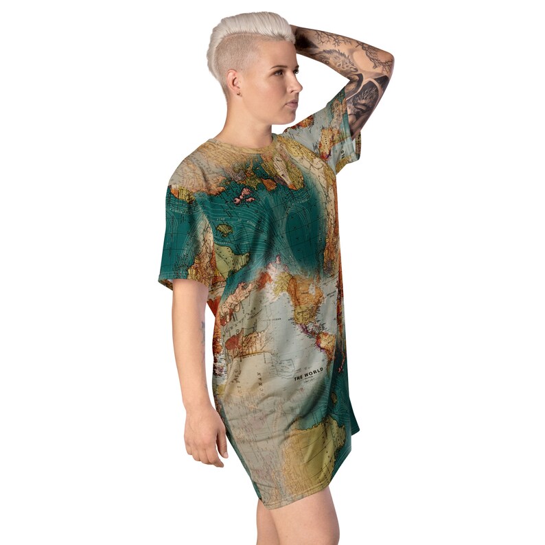 World Map Printed T-shirt Dress, Geography Travel Shirt Dress, All Over ...