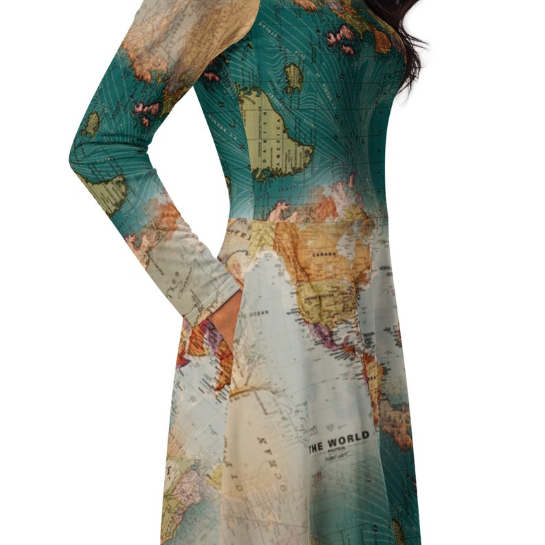 World Map Printed Midi Dress, Round Neck Evening Party Dress, World ...