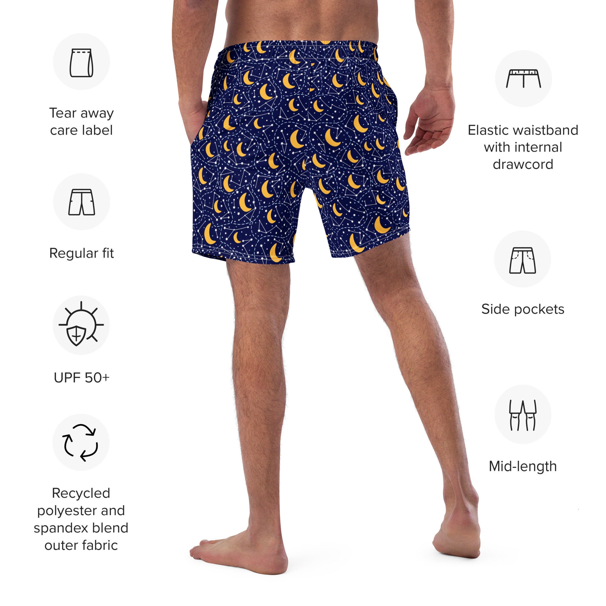 Universe Moon Stars Printed Swimming Trunks, Outerspace Galaxy AOP Mens ...