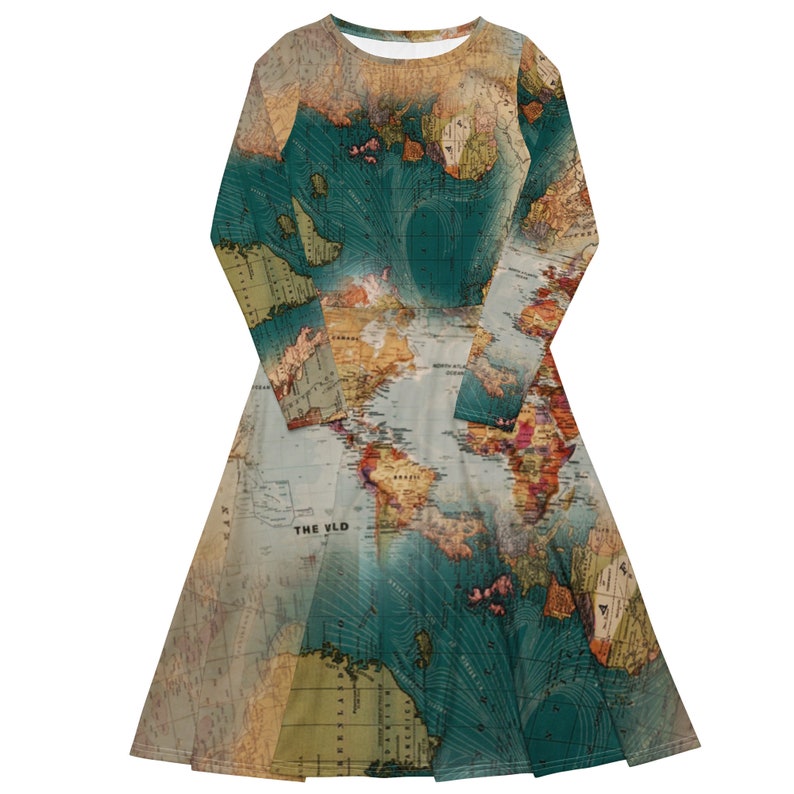 World Map Printed Midi Dress, Round Neck Evening Party Dress, World ...