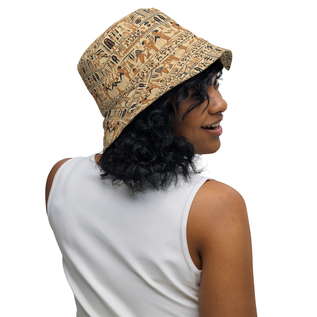 Hieroglyphics Egypt Printed Bucket Hat, Egyptian Summer Sun Hat, All ...