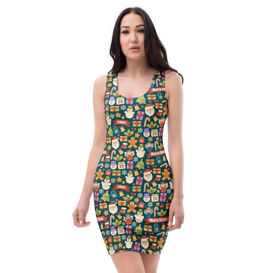 Christmas Theme Bodycon Dress, All Over Print Holiday Festival Evening ...