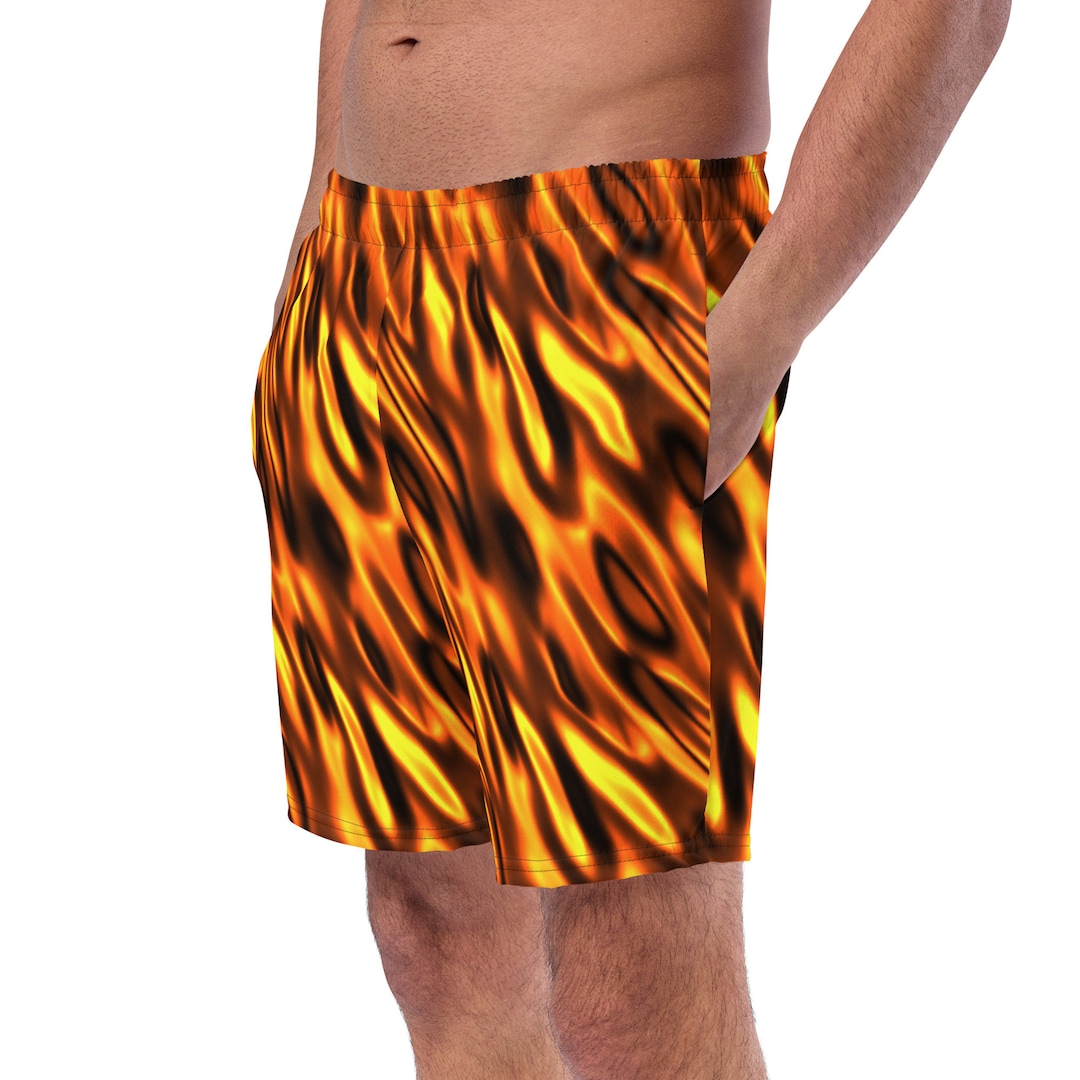 Fire Flames Printed Mens Swim Trunks, Fluffy Fire AOP Swimming Trunks ...