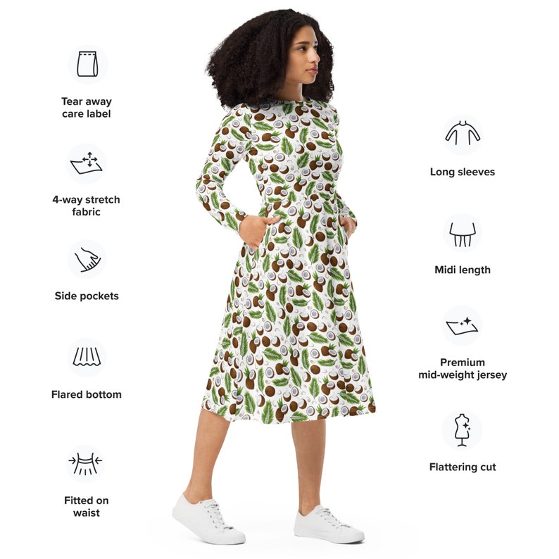 Coconuts Fruit Printed Midi Dress, Casual Birthday Party Dress, Vegan ...