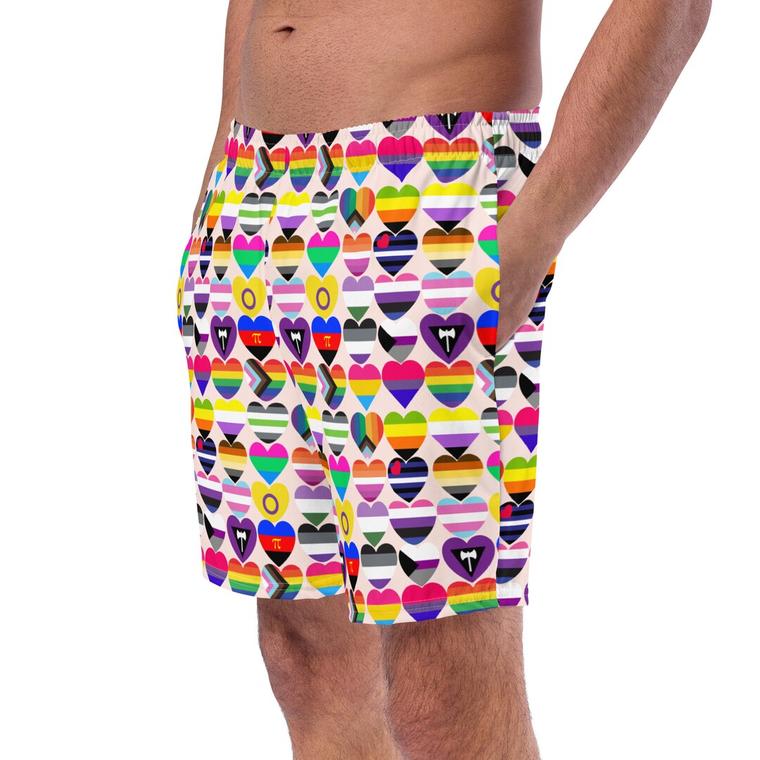 Gay Pride Flag Hearts Men's Swim Trunks, Rainbow Mens Swimwear, Swim ...
