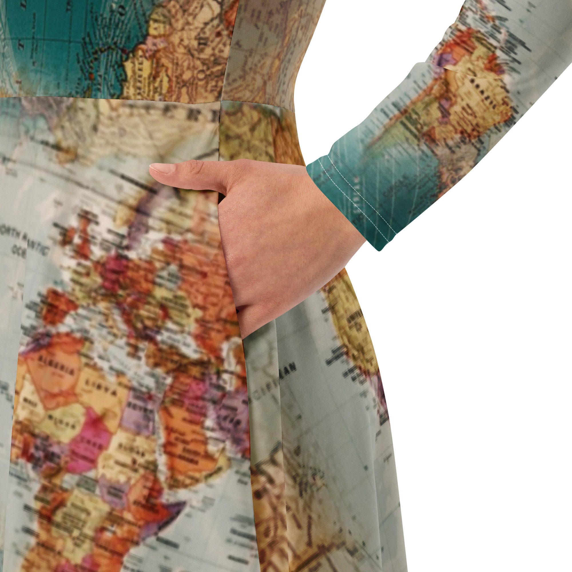 World Map Printed Midi Dress, Round Neck Evening Party Dress, World ...