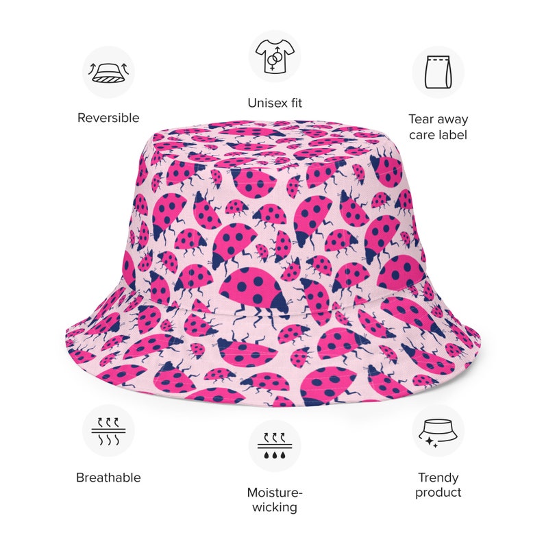 Ladybugs Printed Reversible Bucket Hat, Summer Sun Hat, Casual Insect Printed Hat, Beach ...