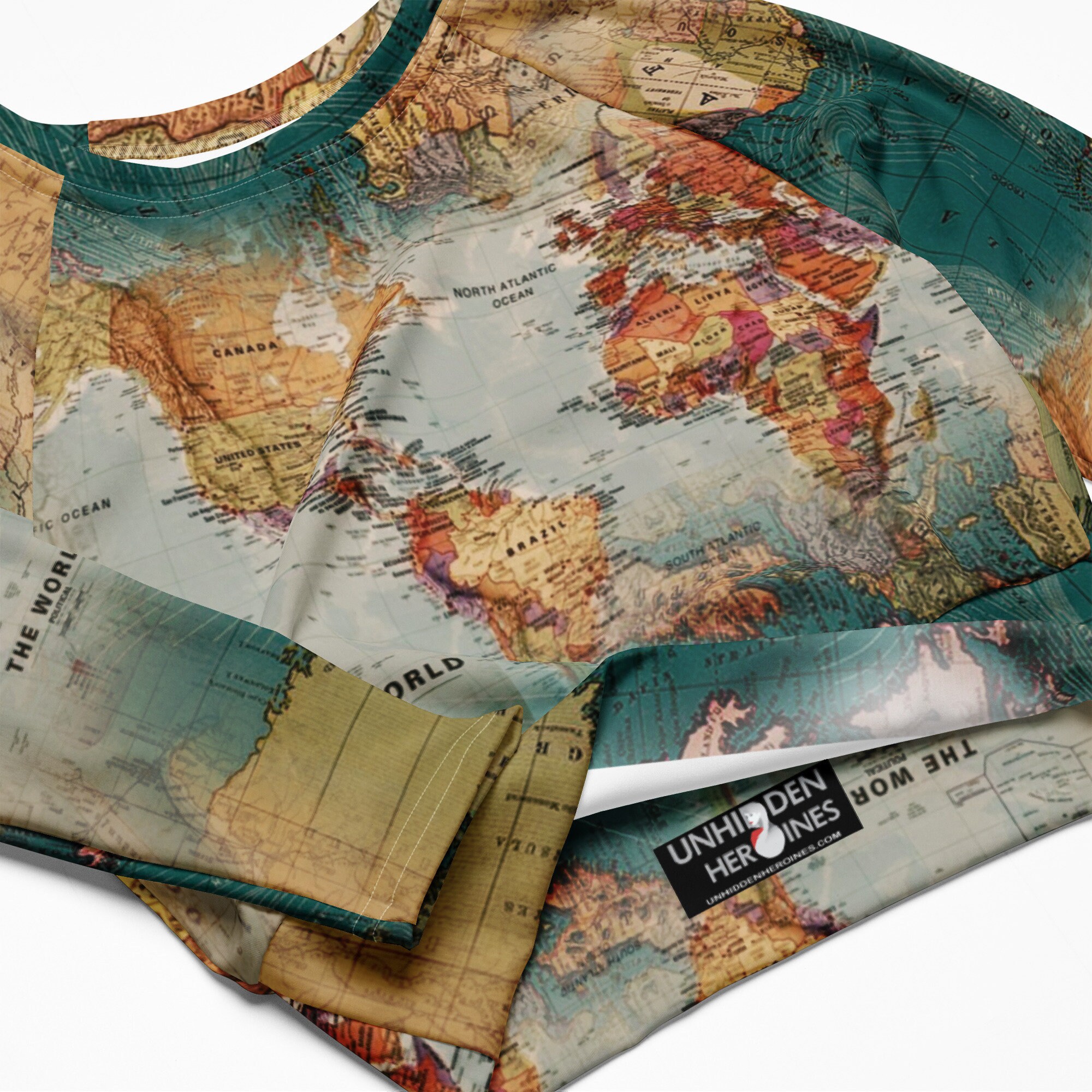 World Map Printed Crop Top, All of the World AOP Long Sleeve Crop Tops ...