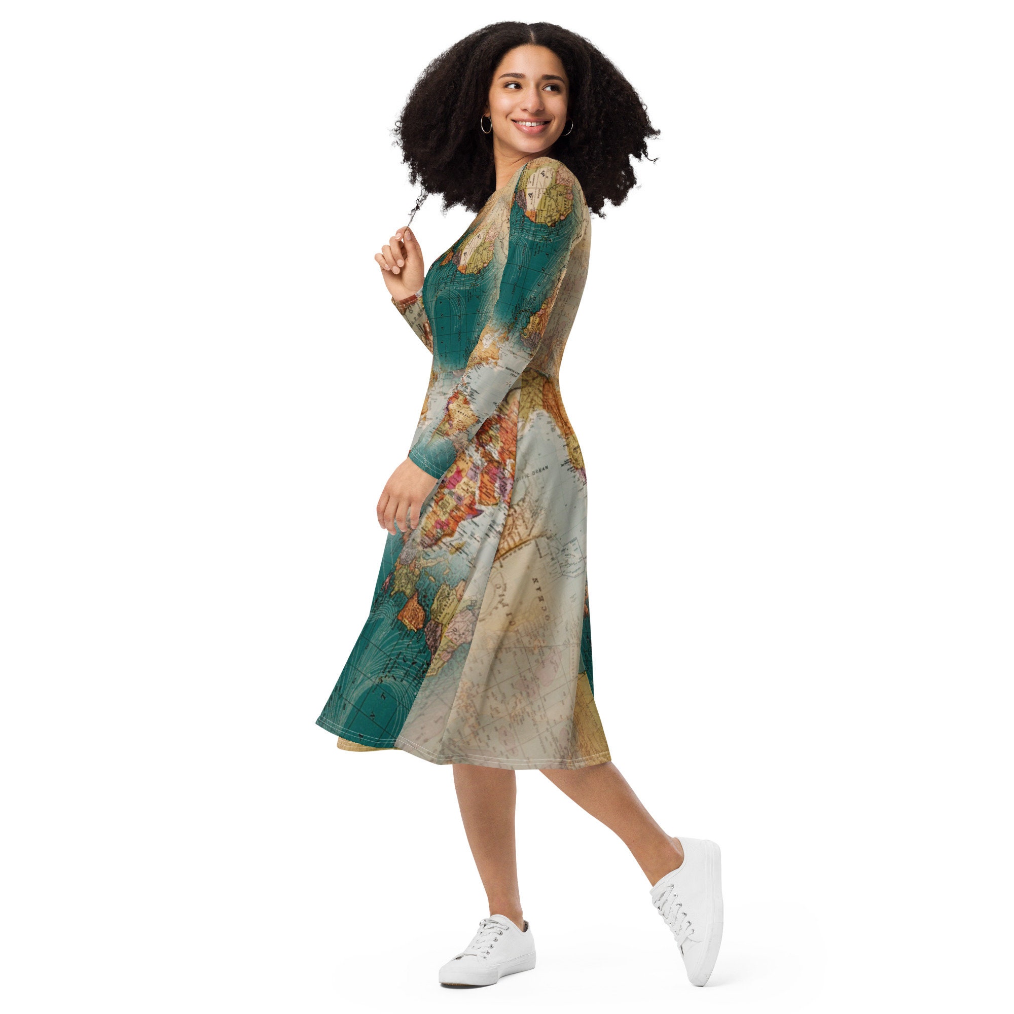 World Map Printed Midi Dress, Round Neck Evening Party Dress, World ...