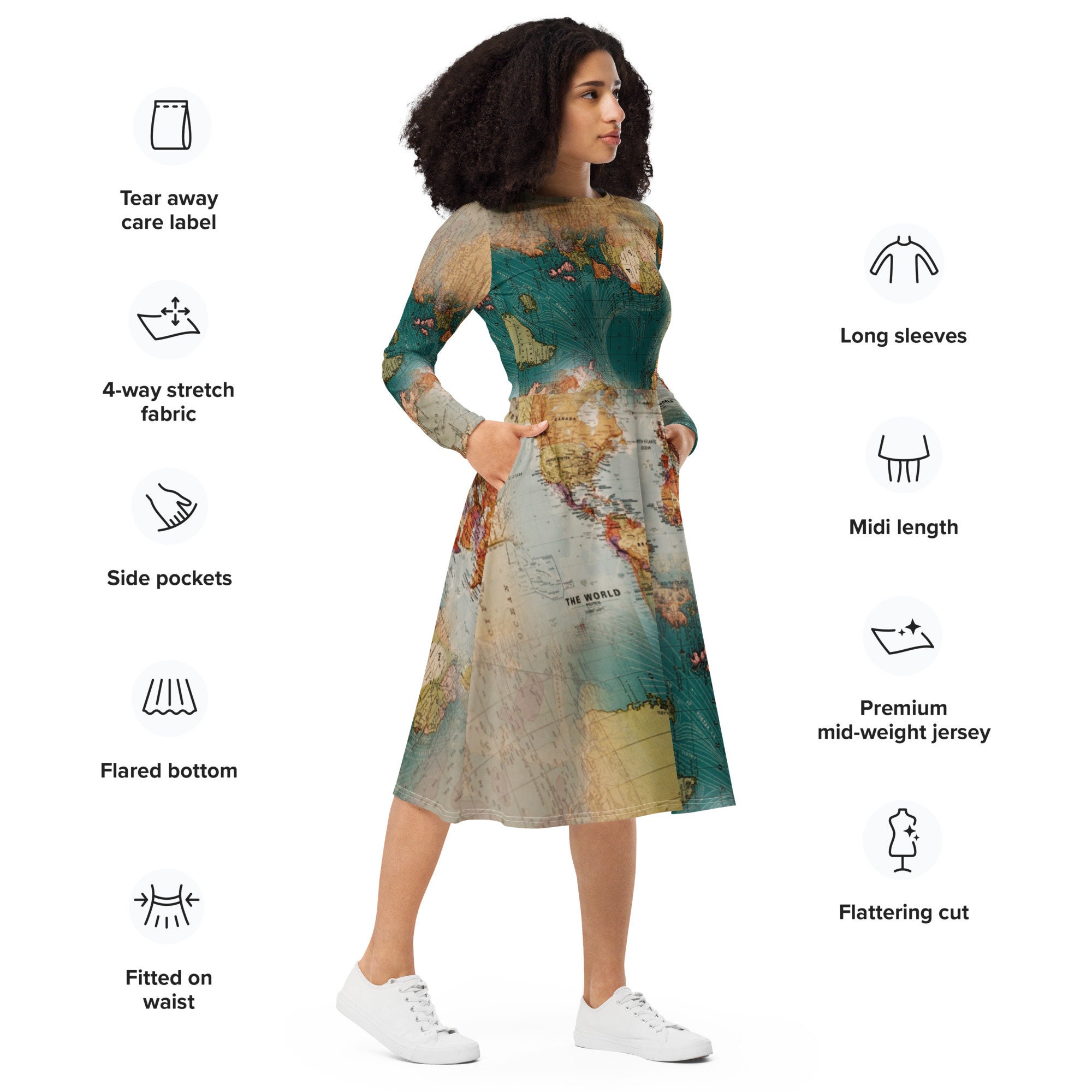 World Map Printed Midi Dress, Round Neck Evening Party Dress, World ...