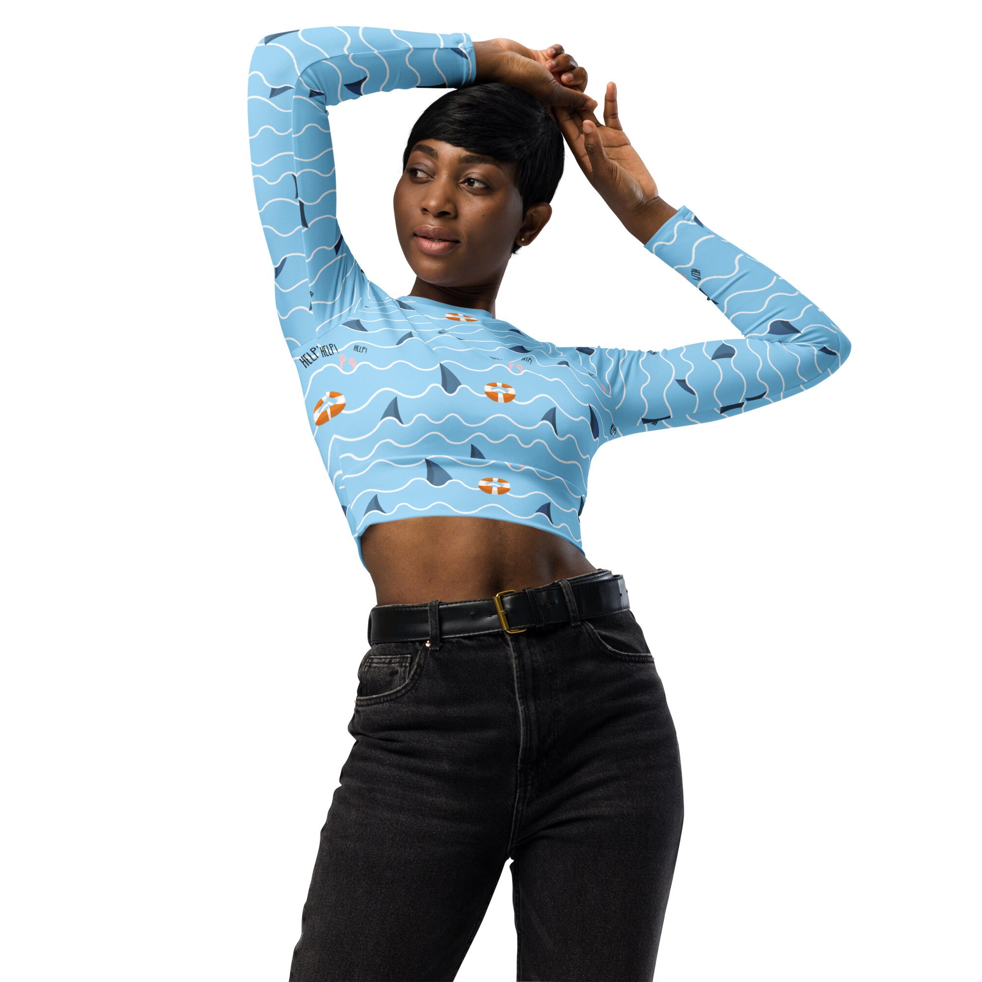 Sharks Printed Crop Tops Women, Long Sleeve Nautical Crop Top, Under ...