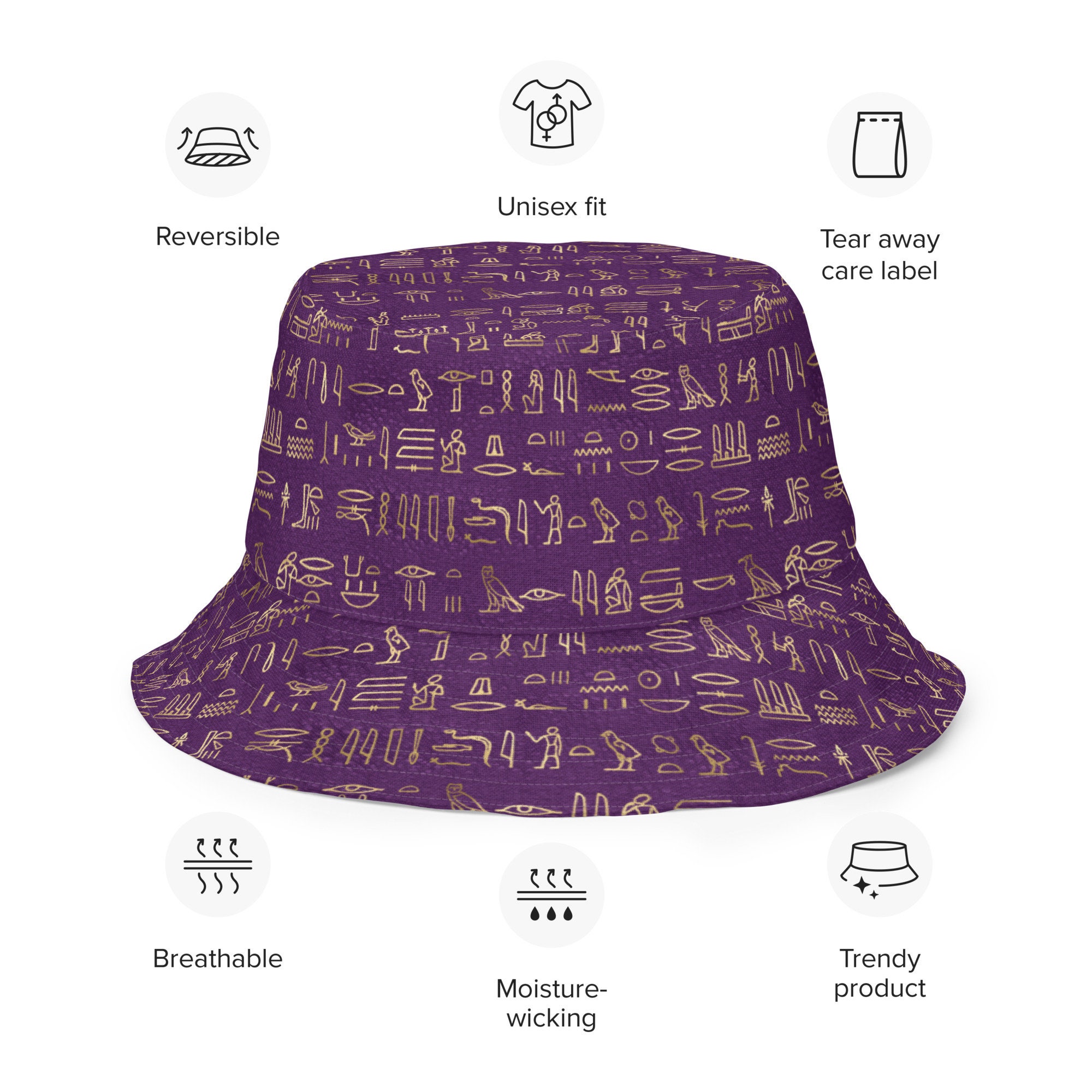 Hieroglyphics Egypt Printed Bucket Hat, Egyptian Summer Sun Hat, All ...