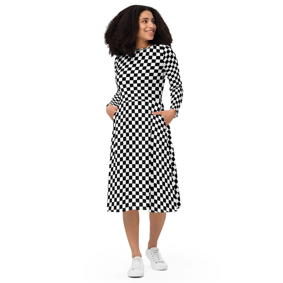 Black and White Checkered Midi Dress, All Over Print Summer Beach Dress ...