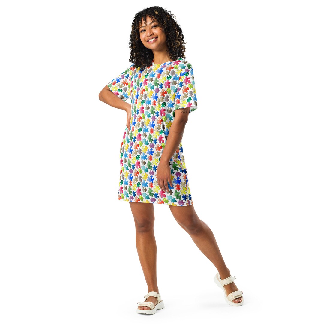 Jigsaw Puzzle Pieces Printed T-shirt Dress, Streetwear Aesthetic Tee ...