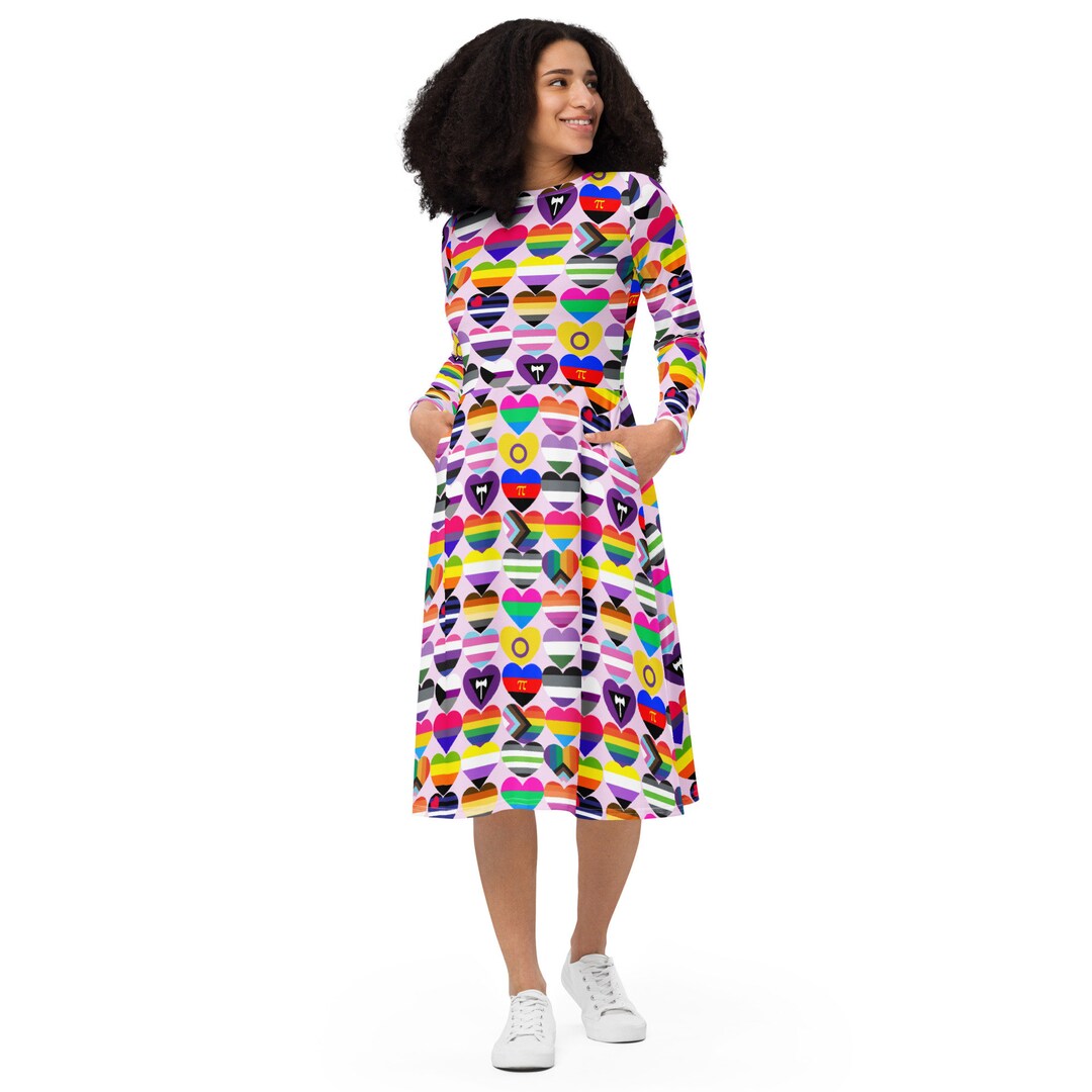 Rainbow Pride Flag Hearts Midi Dress, LGBTQ Women Full Sleeves Dress ...