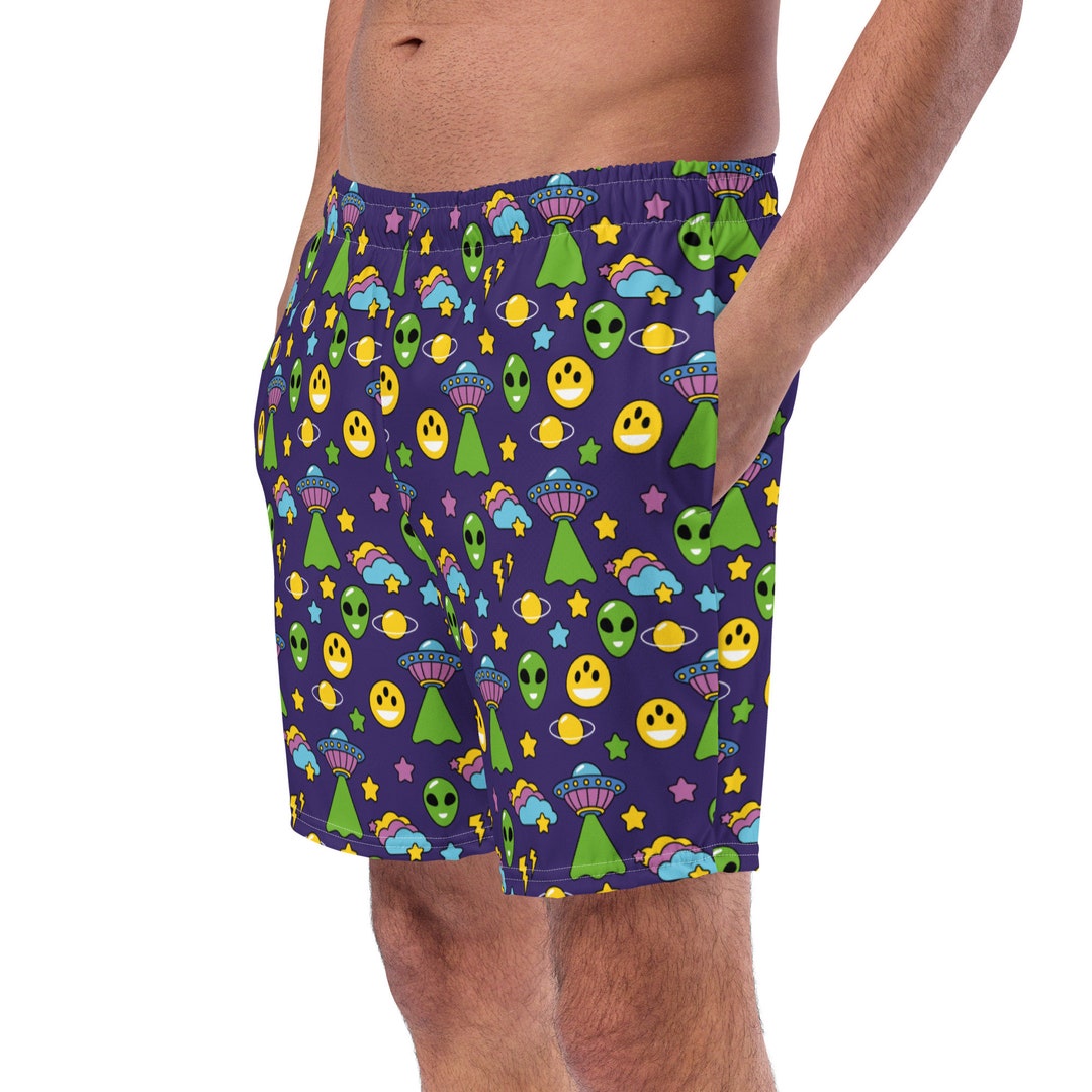 Alien Sci-fi Printed Mens Swim Trunks, UFO Aliens AOP Summer Fashion ...