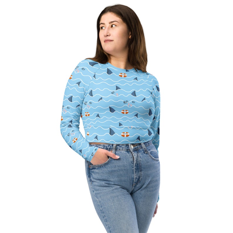 Sharks Printed Crop Tops Women, Long Sleeve Nautical Crop Top, Under ...