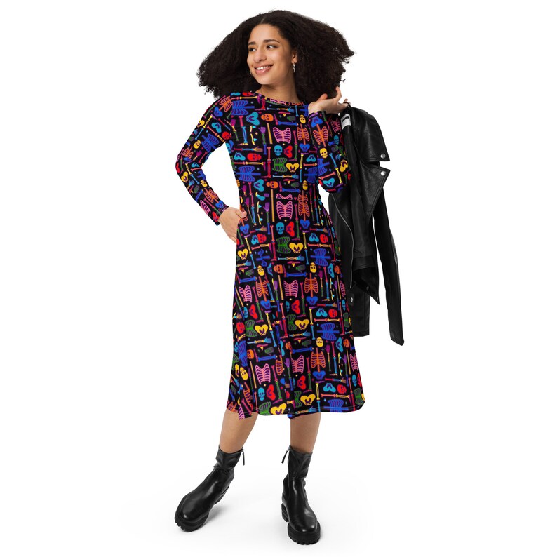 Skeleton Bones Print Midi Dress, Round Neck Party Dress, Long Sleeve ...