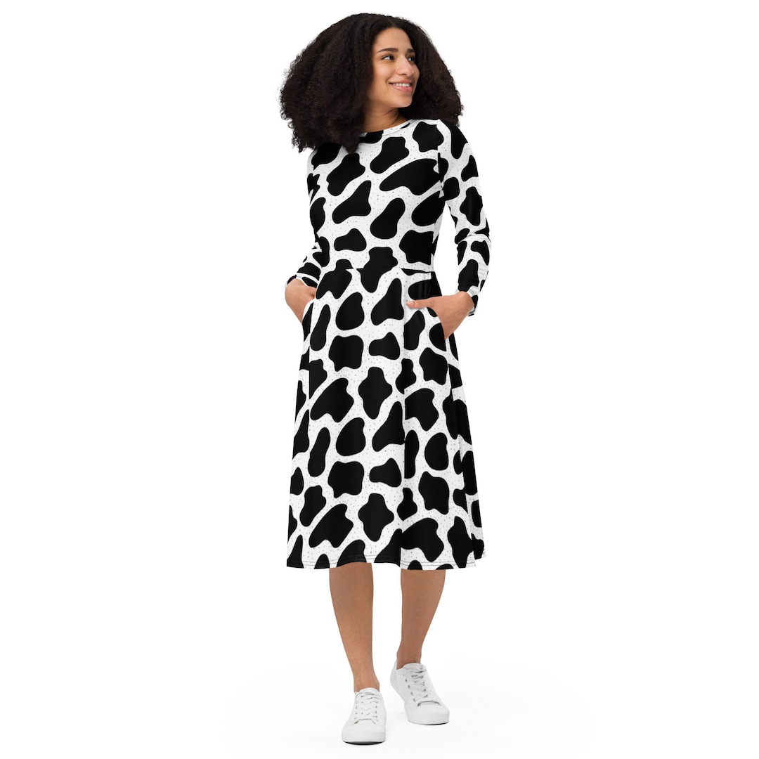 Cow Spots Printed Midi Dress, Cute Prom Party Dress, Plus Size Evening ...