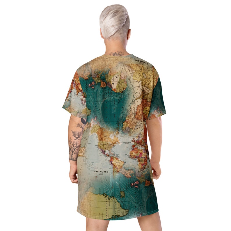 World Map Printed T-shirt Dress, Geography Travel Shirt Dress, All Over ...