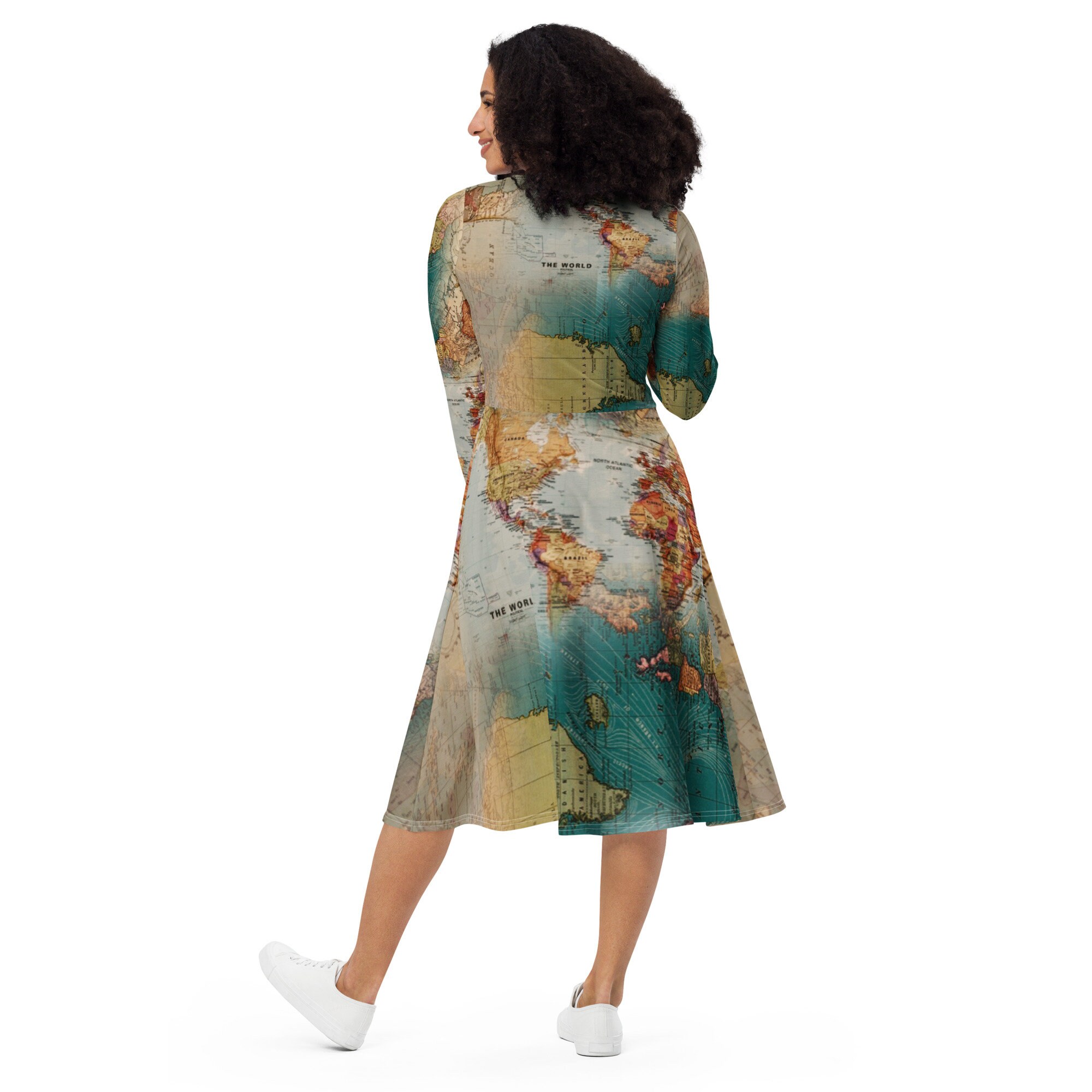 World Map Printed Midi Dress, Round Neck Evening Party Dress, World ...