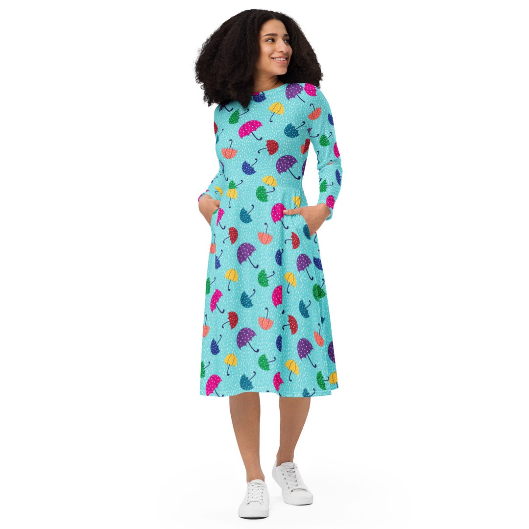 Raindrops Umbrellas Print Midi Dress, Round Neck Prom Party Dress, Long ...