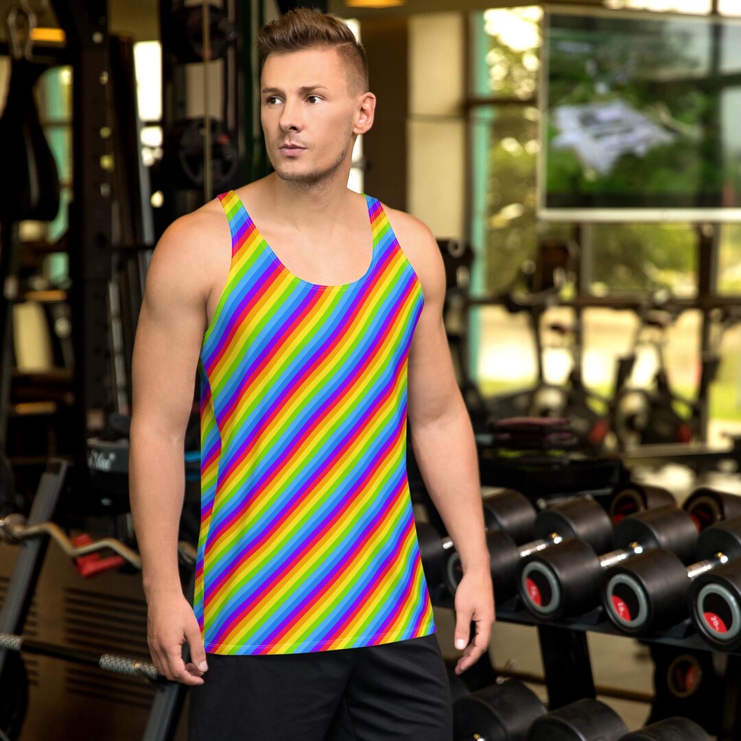 Rainbow Striped Gay Pride Tank Top, All Over Print LGBTQ Gym Workout ...