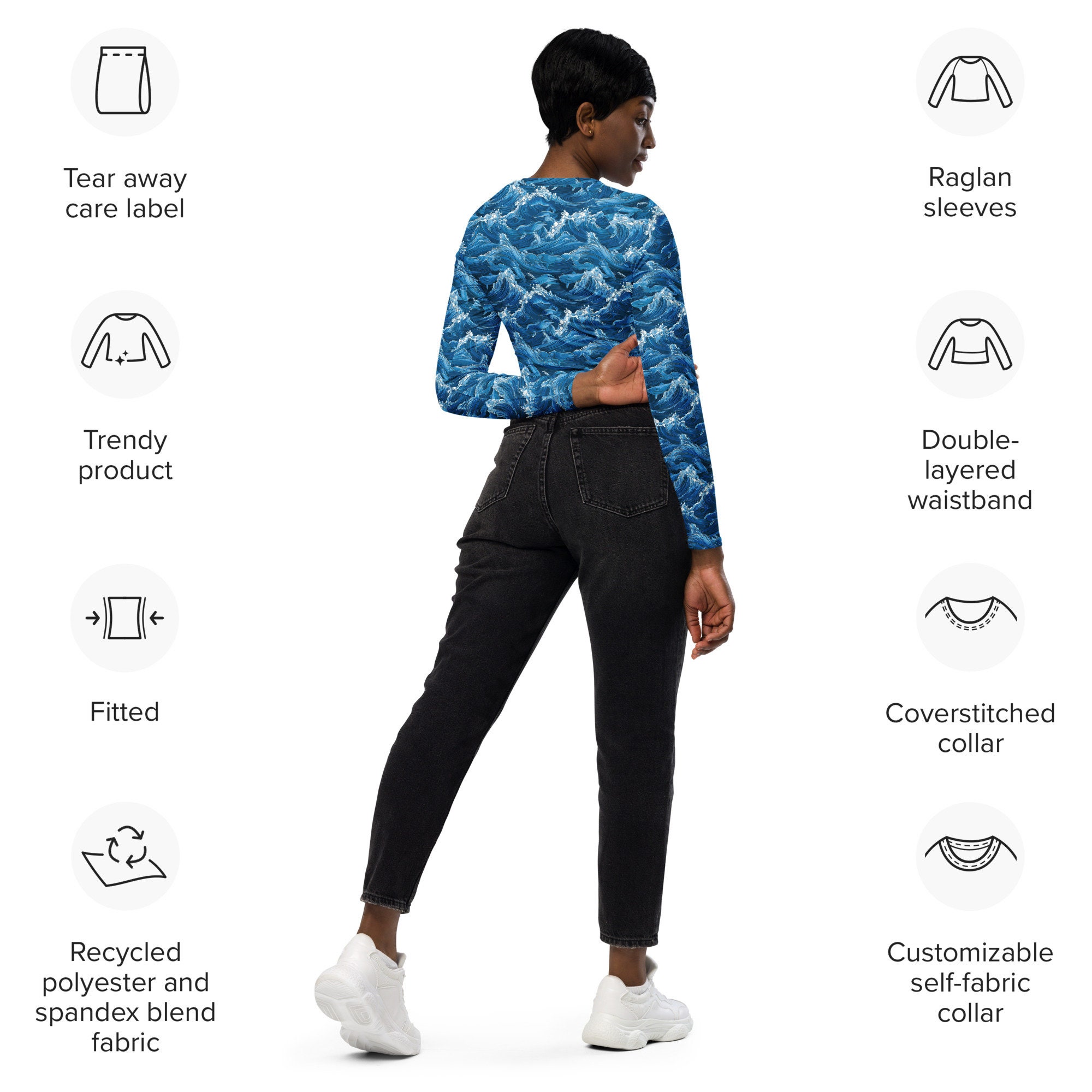 Dolphin Printed Crop Tops Women, Long Sleeve Nautical Crop Top, Under ...