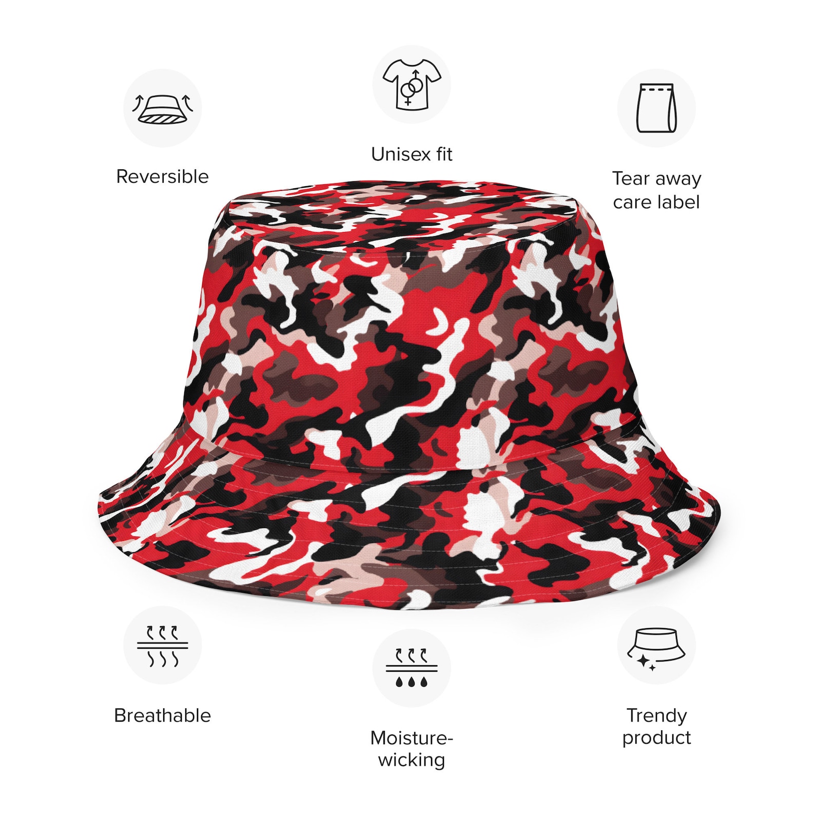 Red Camo Reversible Bucket Hat, Camouflage Summer Sun Hat, Casual ...