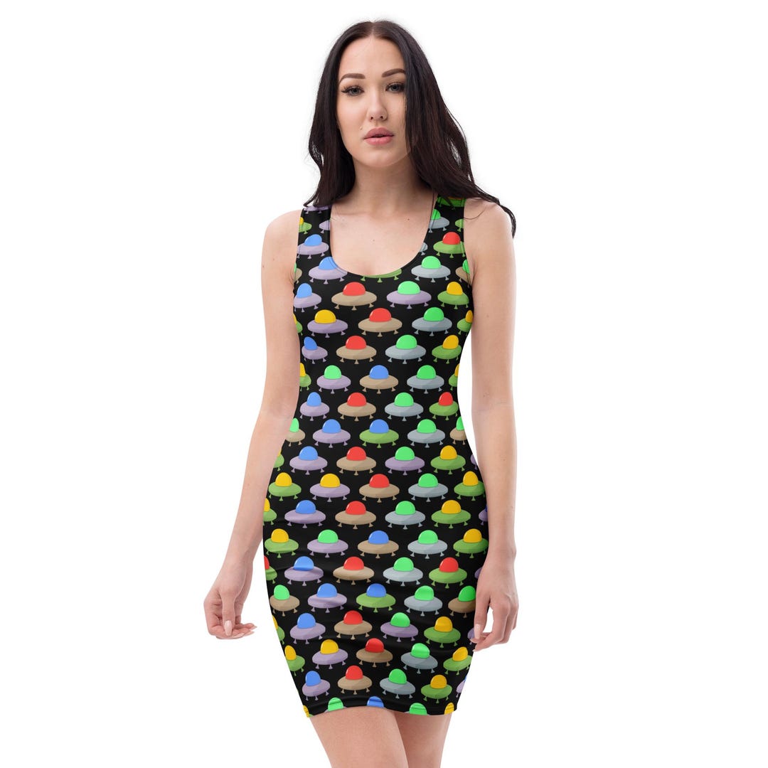 Alien Sci Fi Printed Bodycon Dress, UFO Aliens AOP Summer Beach Dress ...