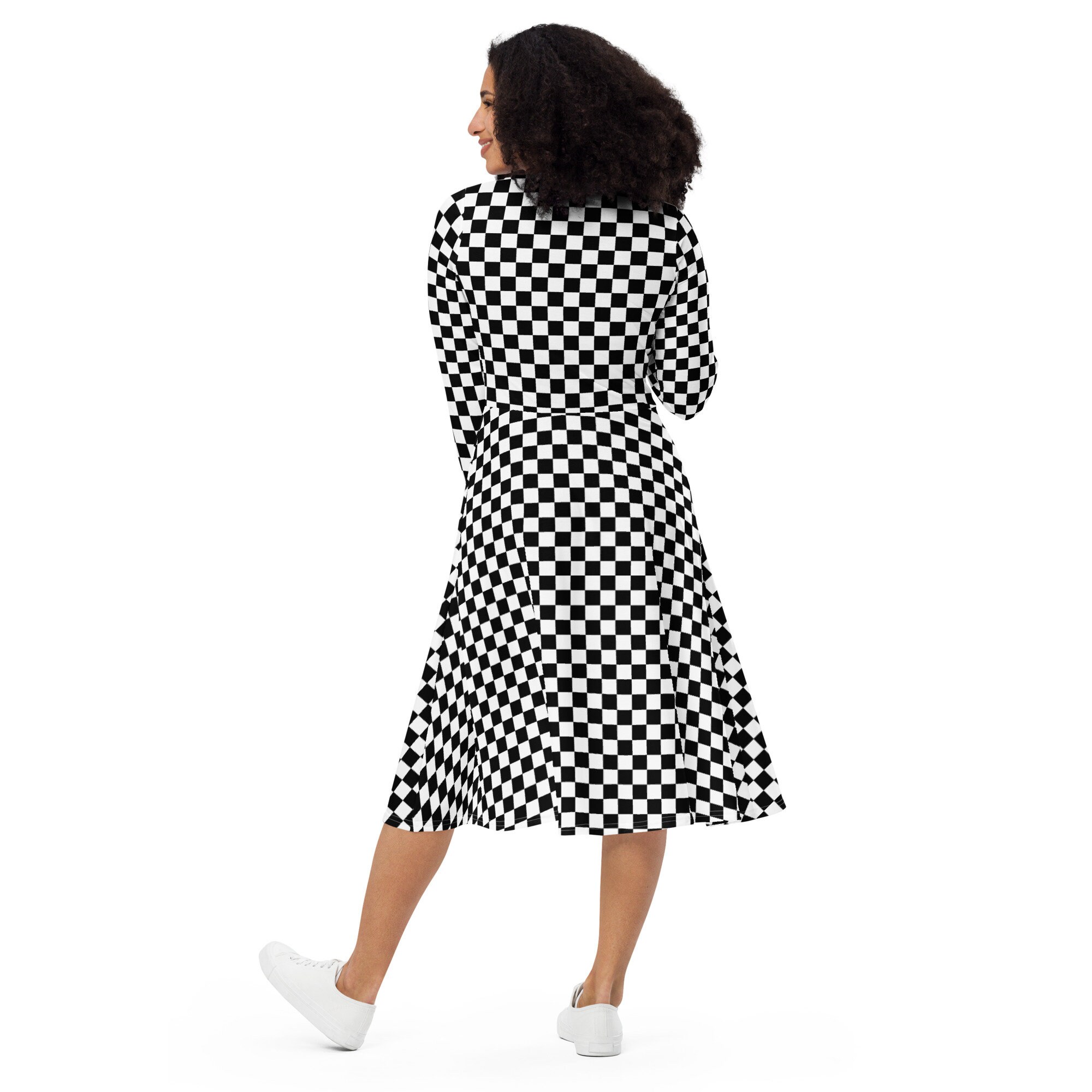 Black and White Checkered Midi Dress, All Over Print Summer Beach Dress ...