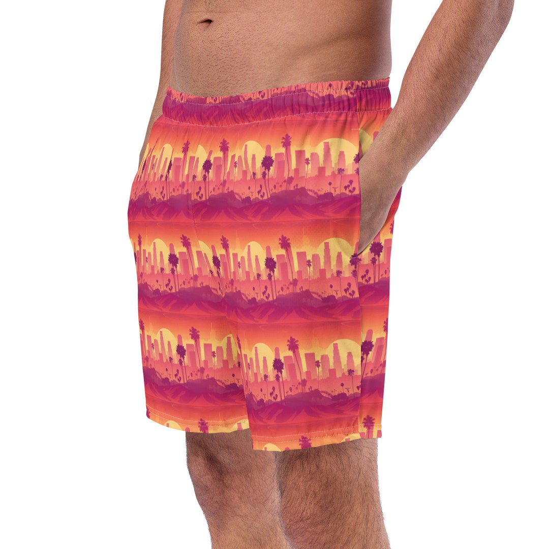 Los Angeles Sunset Skyline Printed Men's Swim Trunks, All Over Print ...