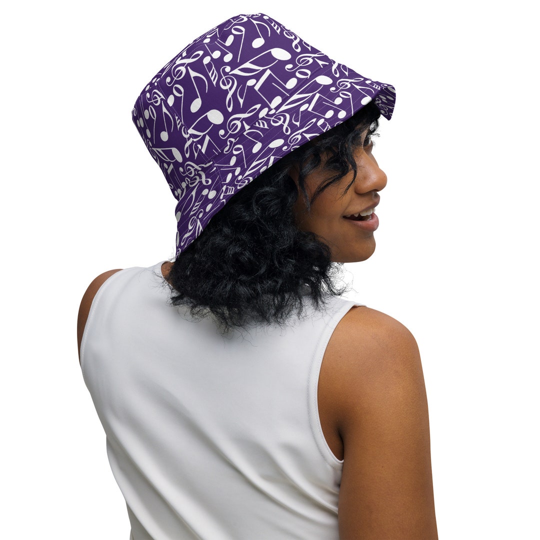 Purple Music Notes Printed Bucket Hat, Reversible Summer Sun Hat, Music ...