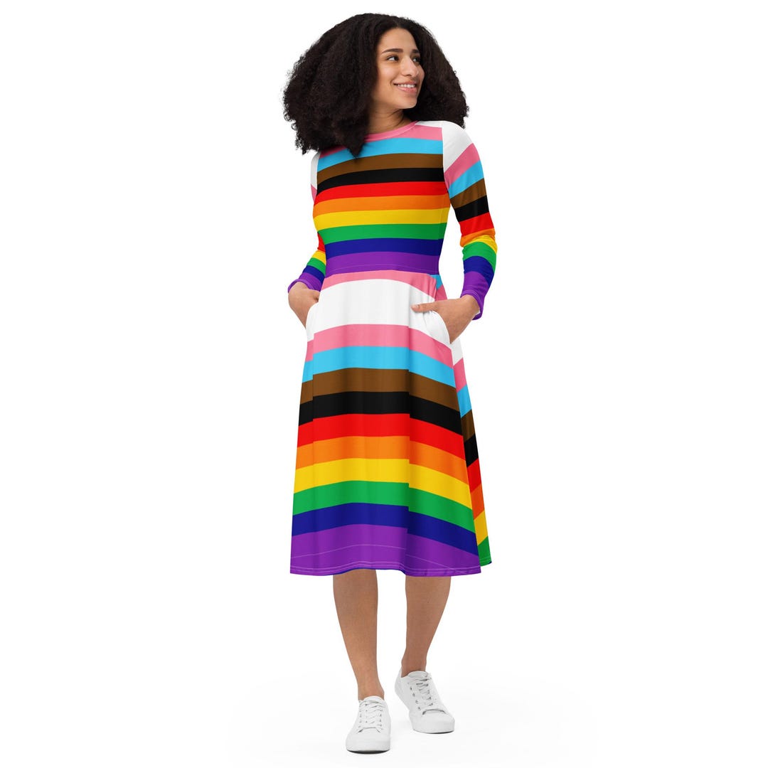 Rainbow Pride Midi Dress, LGBTQ Women Full Sleeves Dress, Lesbian Pride ...