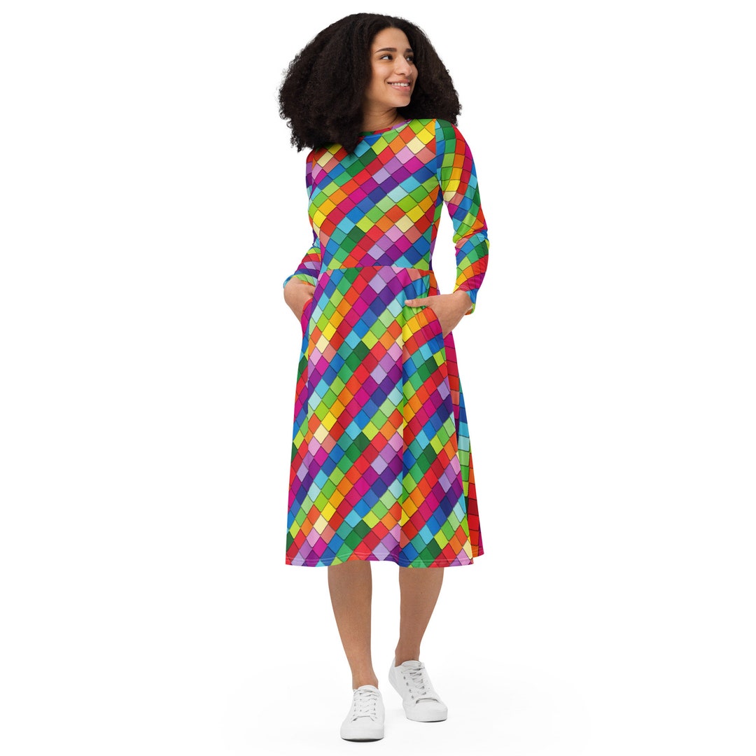 Rainbow Pride Midi Dress, LGBTQ Women Full Sleeves Dress, Lesbian Pride ...