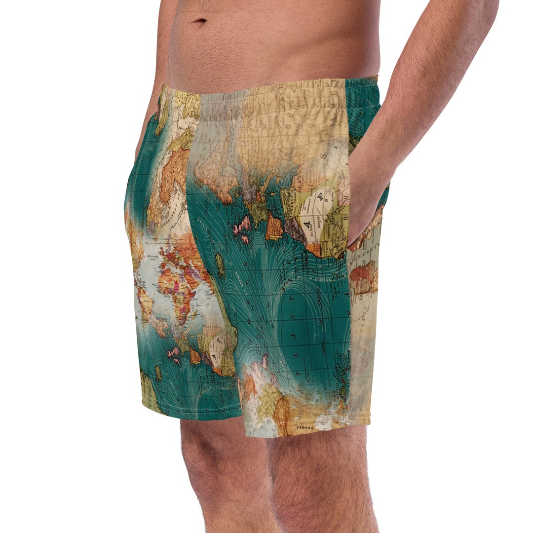 World Map Print Swim Trunks, Mens Wanderlust Swimwear, Geography Swim ...