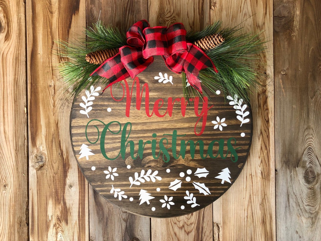 Merry Christmas Winter Sign, Personalized Front Door Sign, Wooden Round ...