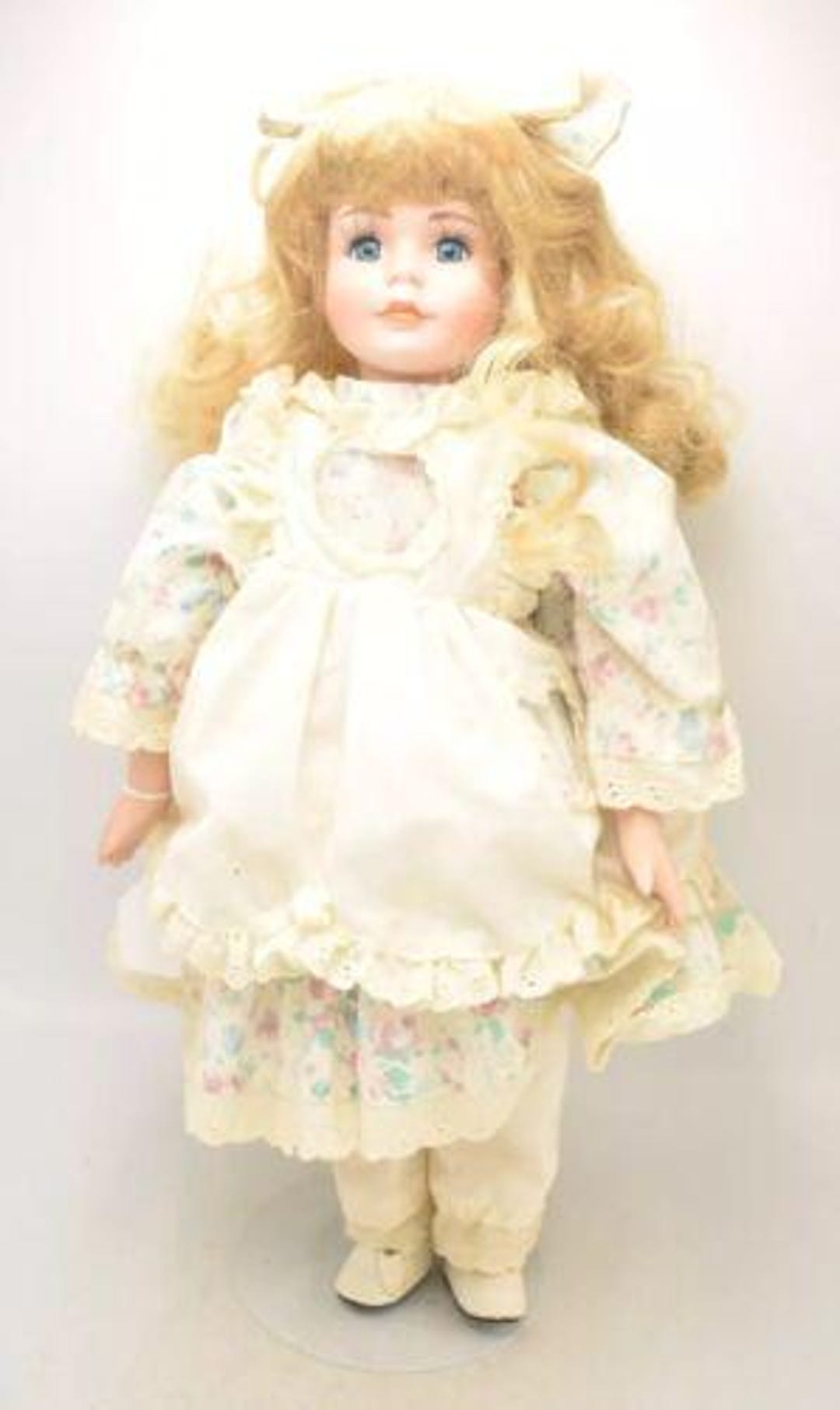 Vintage Porcelain Doll Blonde Hair, Blue Eyes and Cream Floral Dress ...