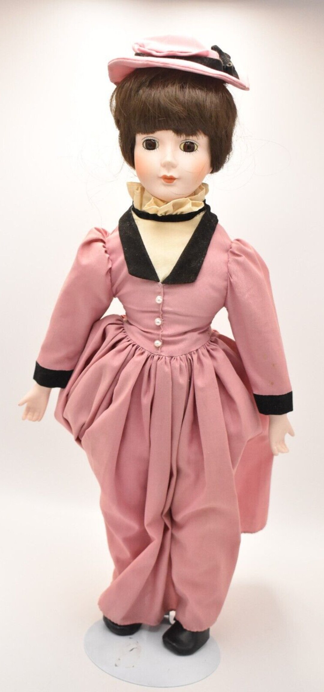 Vintage Porcelain Doll Brown Hair Brown Eyes And Victorian Outfit