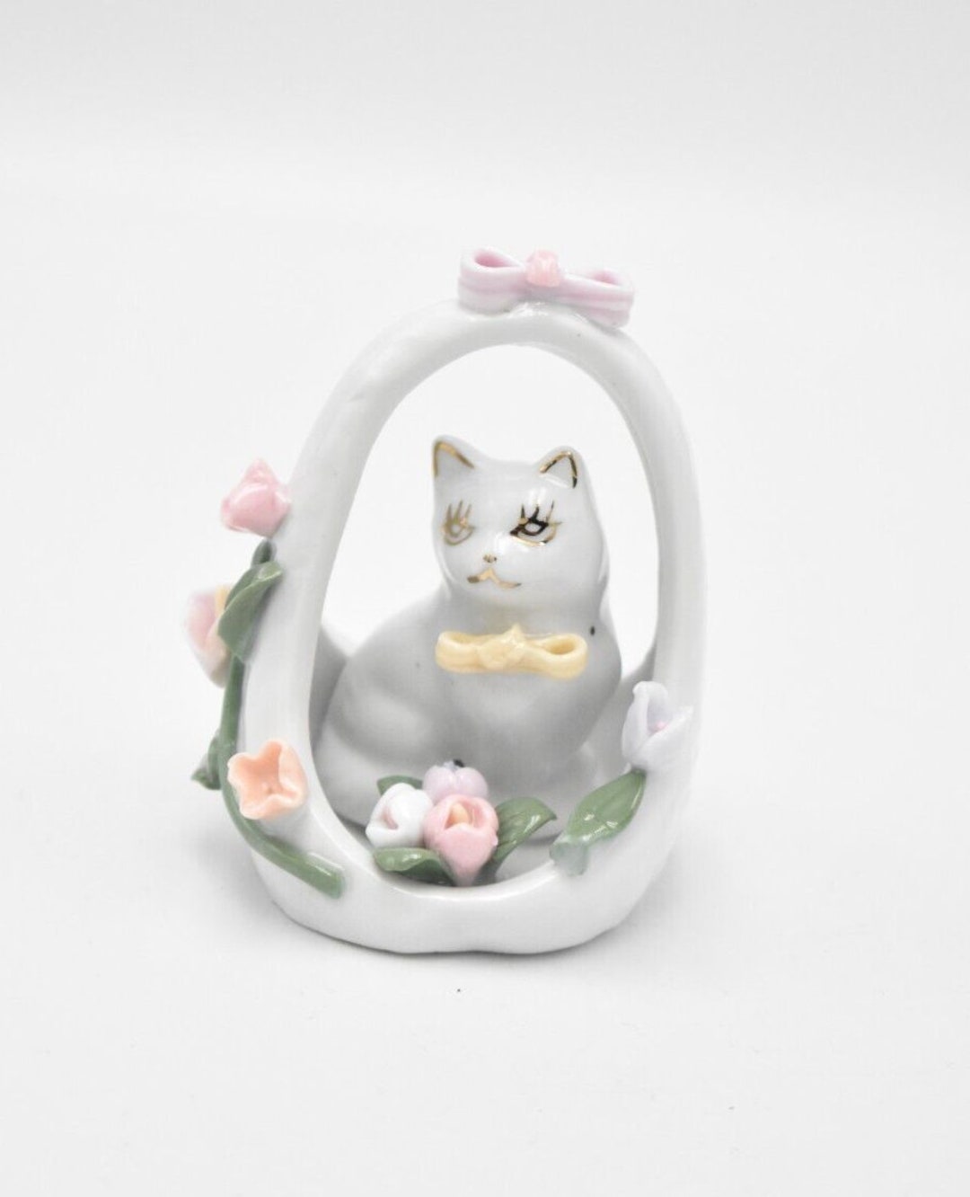 Vintage Bone China Cat in a Flower Basket Figurine Statue Ornament ...