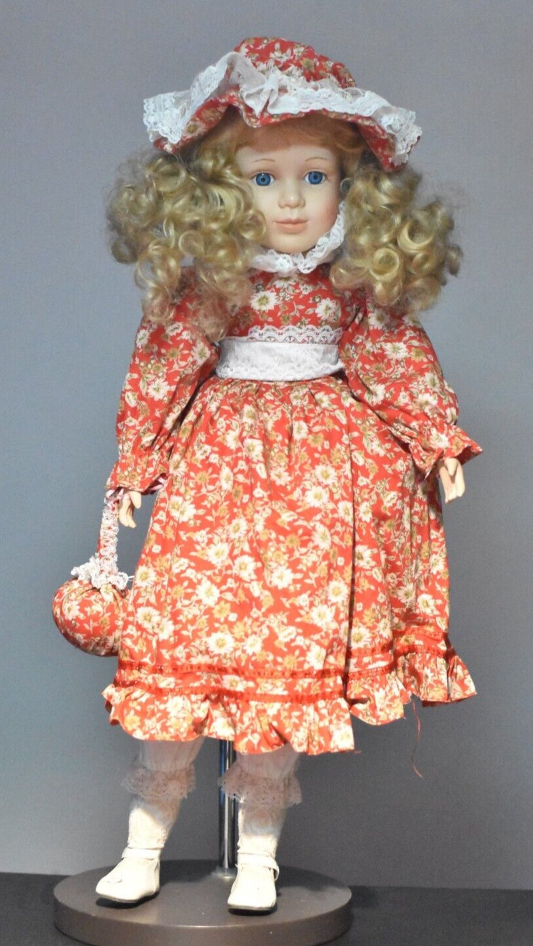 Vintage Large Porcelain Doll 70cm Blonde Hair Blue Eyes Red - Etsy