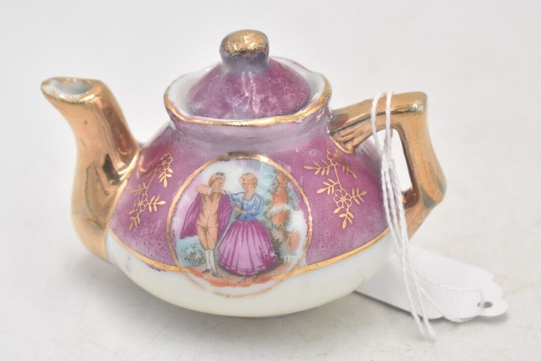 Vintage Miniature Teapot Gold, White and Pink Regency Scene Decorative ...