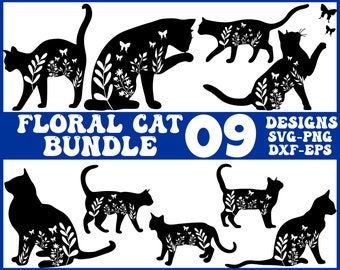 Floral Cat SVG, Cat PNG, Butterfly Svg, Cat With Flower, Cat Silhouette ...