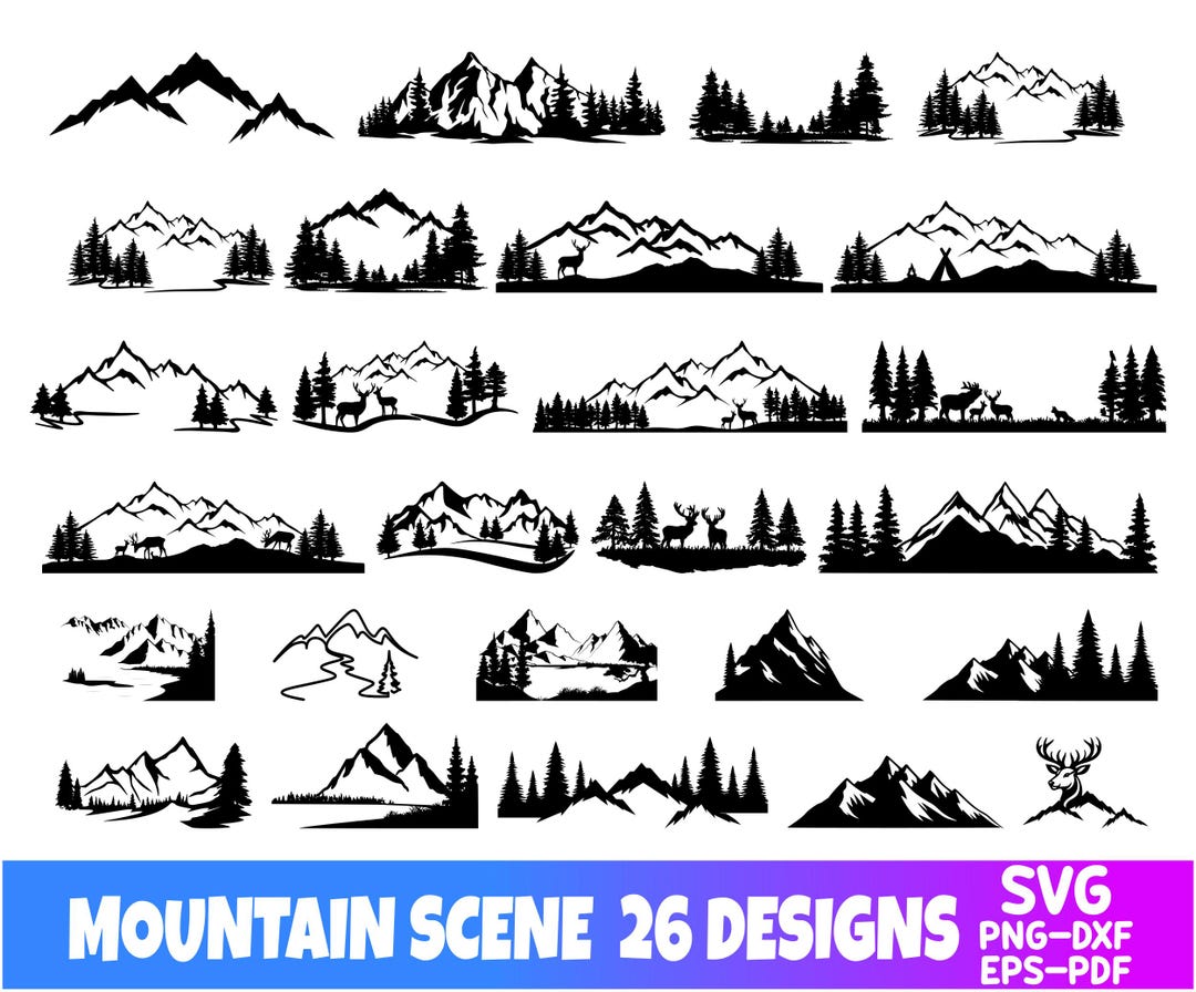 Nature Scene Dxf Svg Png Files Mountains Trees Mountain Forest View ...