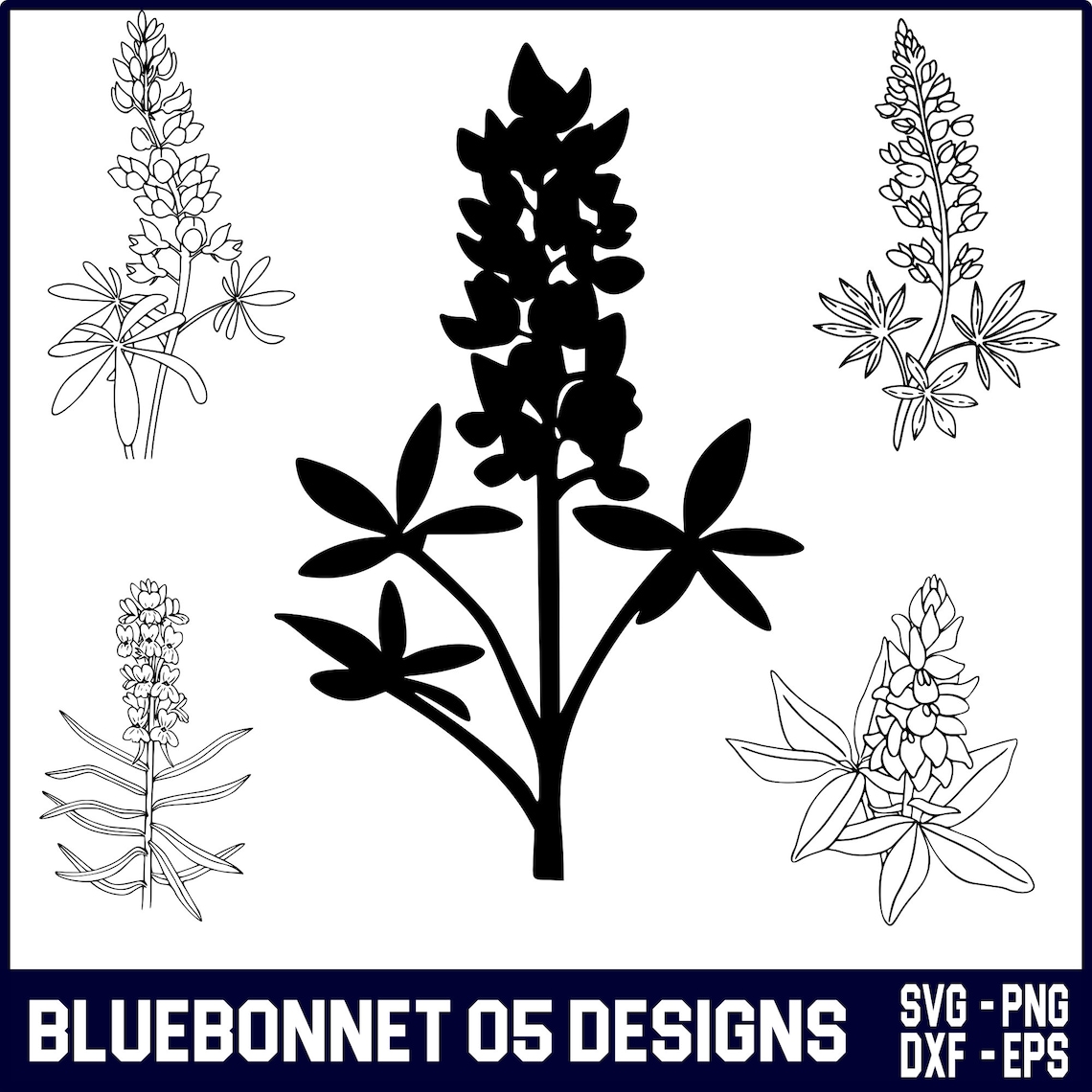 Bluebonnet Svg Clipart for Cricut Lupine Vector Black and White ...